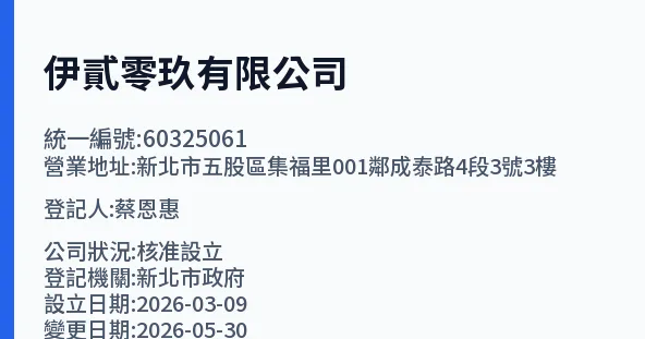 伊貳零玖有限公司的照片-統編 60325061(新北市) 公司登記資料與營業項目詳細圖表