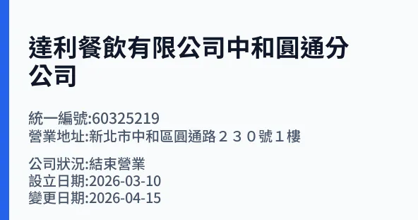 達利餐飲有限公司中和圓通分公司的照片-統編 60325219(新北市) 公司登記資料與營業項目詳細圖表
