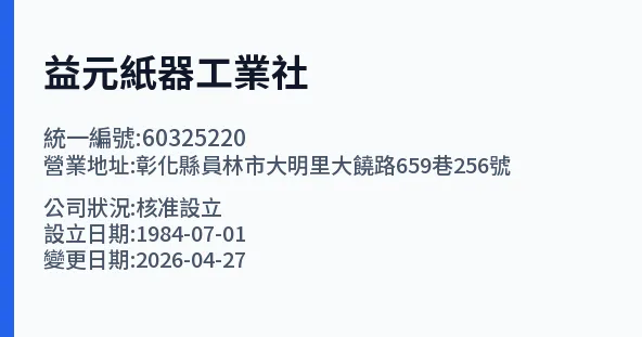 益元紙器工業社的照片-統編 60325220(彰化縣) 公司登記資料與營業項目詳細圖表