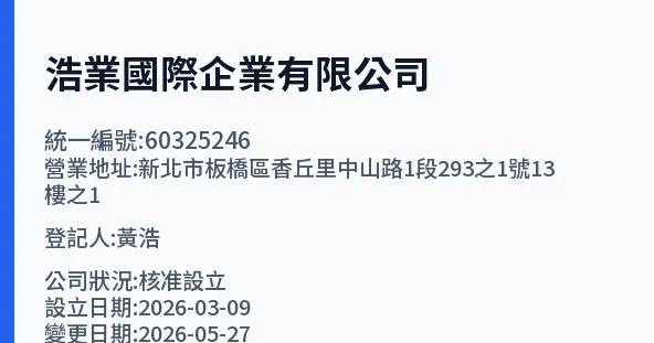 浩業國際企業有限公司的照片-統編 60325246(新北市) 公司登記資料與營業項目詳細圖表