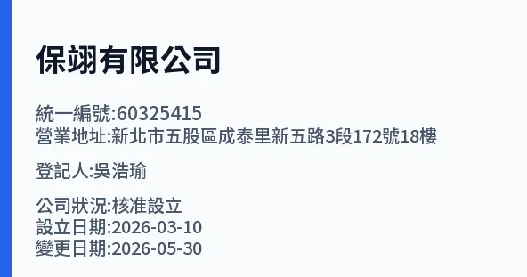 保翊有限公司的照片-統編 60325415(新北市) 公司登記資料與營業項目詳細圖表