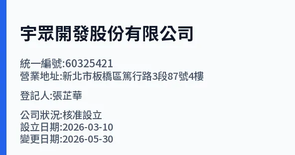 宇眾開發股份有限公司的照片-統編 60325421(新北市) 公司登記資料與營業項目詳細圖表