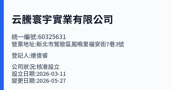 云騰寰宇實業有限公司的照片-統編 60325631(新北市) 公司登記資料與營業項目詳細圖表
