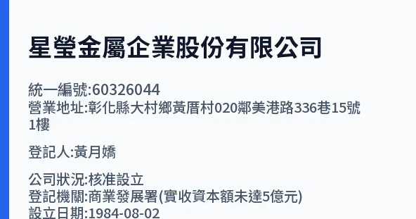 星瑩金屬企業股份有限公司的照片-統編 60326044(彰化縣) 公司登記資料與營業項目詳細圖表