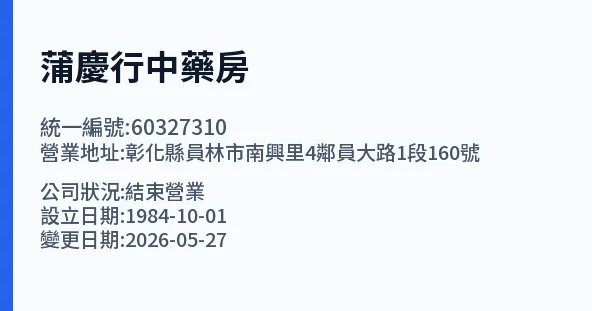 蒲慶行中藥房的照片-統編 60327310(彰化縣) 公司登記資料與營業項目詳細圖表