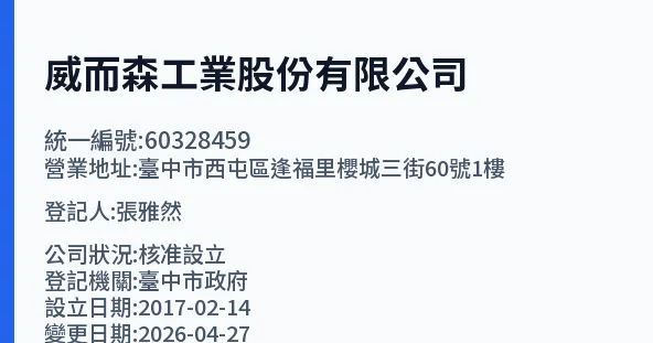 威而森工業股份有限公司的照片-統編 60328459(臺中市) 公司登記資料與營業項目詳細圖表