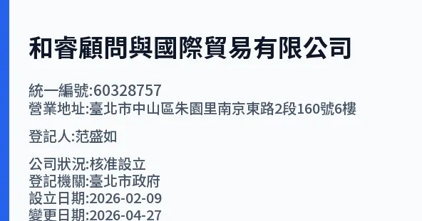 和睿顧問與國際貿易有限公司的照片-統編 60328757(臺北市) 公司登記資料與營業項目詳細圖表
