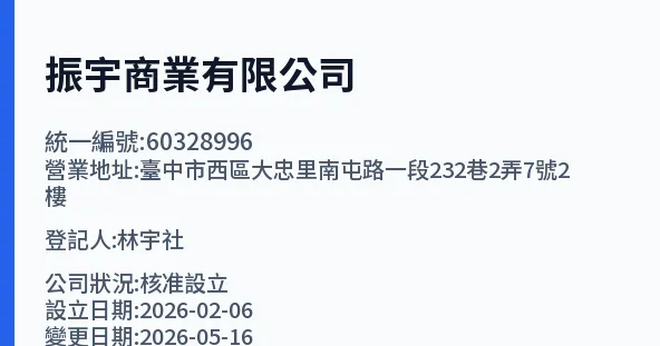 振宇商業有限公司的照片-統編 60328996(臺中市) 公司登記資料與營業項目詳細圖表