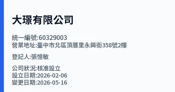 大璟有限公司的照片-統編 60329003(臺中市) 公司登記資料與營業項目詳細圖表