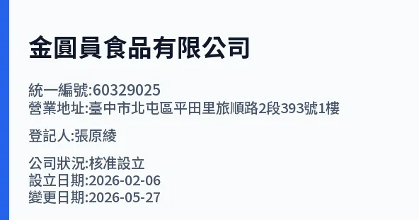 金圓員食品有限公司的照片-統編 60329025(臺中市) 公司登記資料與營業項目詳細圖表