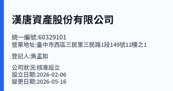 漢唐資產股份有限公司的照片-統編 60329101(臺中市) 公司登記資料與營業項目詳細圖表