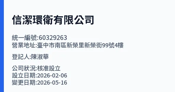信潔環衛有限公司的照片-統編 60329263(臺中市) 公司登記資料與營業項目詳細圖表