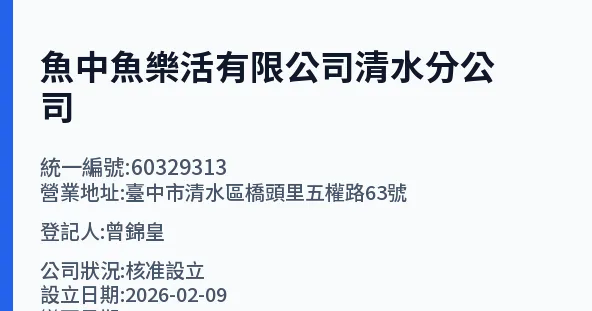 魚中魚樂活有限公司清水分公司的照片-統編 60329313(臺中市) 公司登記資料與營業項目詳細圖表