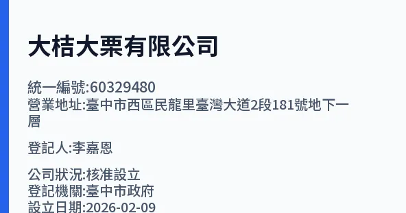 大桔大栗有限公司的照片-統編 60329480(臺中市) 公司登記資料與營業項目詳細圖表