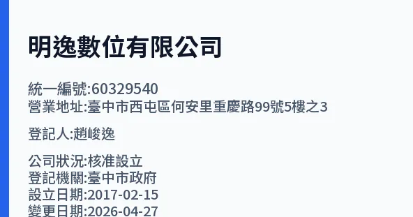 明逸數位有限公司的照片-統編 60329540(臺中市) 公司登記資料與營業項目詳細圖表