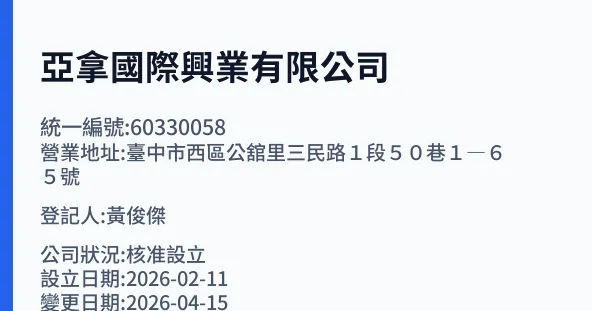 亞拿國際興業有限公司的照片-統編 60330058(臺中市) 公司登記資料與營業項目詳細圖表