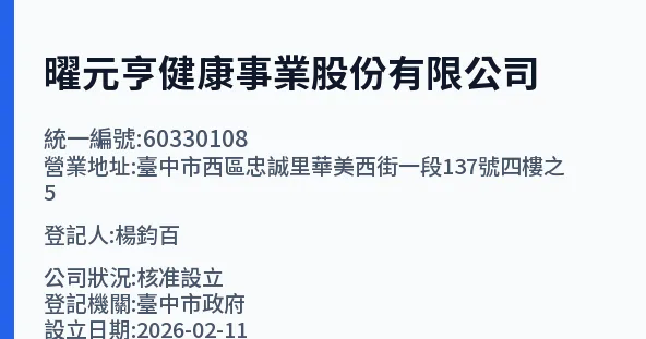 曜元亨健康事業股份有限公司的照片-統編 60330108(臺中市) 公司登記資料與營業項目詳細圖表