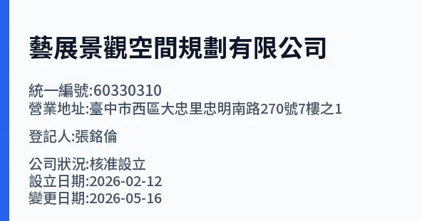 藝展景觀空間規劃有限公司的照片-統編 60330310(臺中市) 公司登記資料與營業項目詳細圖表