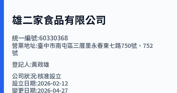 雄二家食品有限公司的照片-統編 60330368(臺中市) 公司登記資料與營業項目詳細圖表