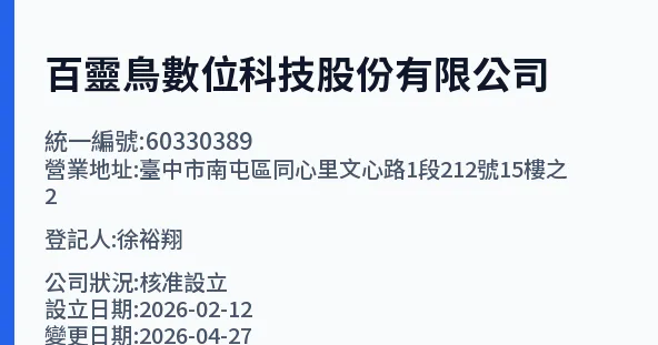 百靈鳥數位科技股份有限公司的照片-統編 60330389(臺中市) 公司登記資料與營業項目詳細圖表