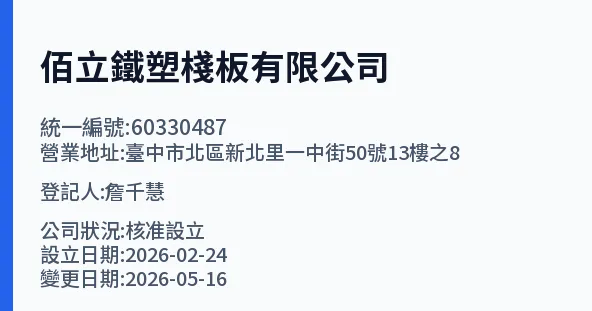 佰立鐵塑棧板有限公司的照片-統編 60330487(臺中市) 公司登記資料與營業項目詳細圖表