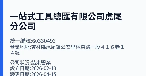 一站式工具總匯有限公司虎尾分公司的照片-統編 60330493(雲林縣) 公司登記資料與營業項目詳細圖表