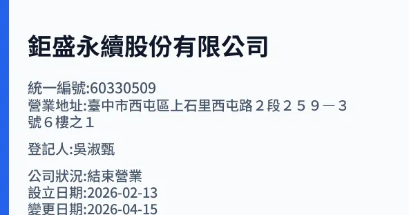 鉅盛永續股份有限公司的照片-統編 60330509(臺中市) 公司登記資料與營業項目詳細圖表