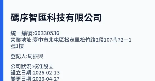 碼序智匯科技有限公司的照片-統編 60330536(臺中市) 公司登記資料與營業項目詳細圖表