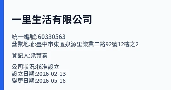 一里生活有限公司的照片-統編 60330563(臺中市) 公司登記資料與營業項目詳細圖表