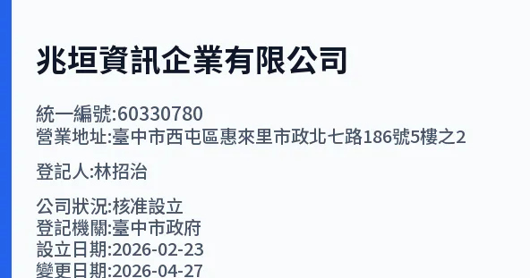 兆垣資訊企業有限公司的照片-統編 60330780(臺中市) 公司登記資料與營業項目詳細圖表