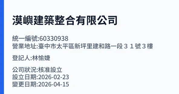 漠嶼建築整合有限公司的照片-統編 60330938(臺中市) 公司登記資料與營業項目詳細圖表