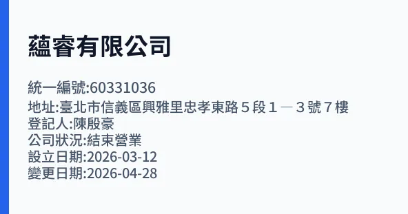 蘊睿有限公司的照片-統編 60331036(臺北市) 公司登記資料與營業項目詳細圖表
