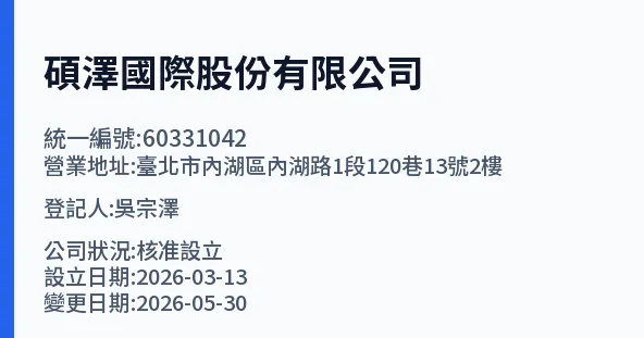 碩澤國際股份有限公司的照片-統編 60331042(臺北市) 公司登記資料與營業項目詳細圖表