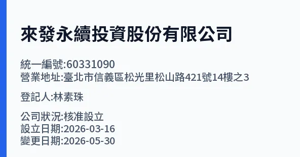 來發永續投資股份有限公司的照片-統編 60331090(臺北市) 公司登記資料與營業項目詳細圖表