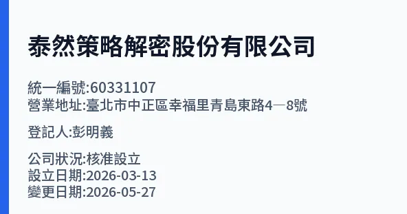 泰然策略解密股份有限公司的照片-統編 60331107(臺北市) 公司登記資料與營業項目詳細圖表