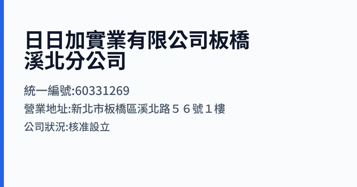 日日加實業有限公司板橋溪北分公司 - 統編 60331269(新北市) 公司登記資料與營業項目詳細圖表