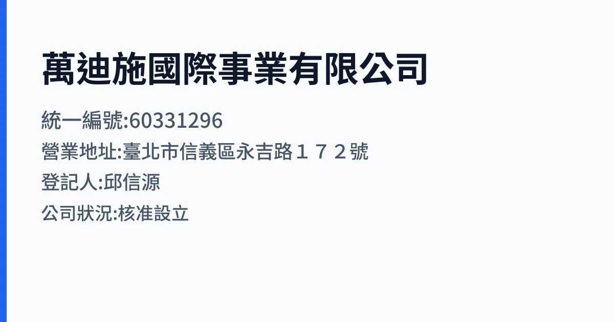 萬迪施國際事業有限公司 - 統編 60331296(臺北市) 公司登記資料與營業項目詳細圖表