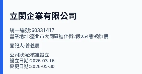 立閔企業有限公司的照片-統編 60331417(臺北市) 公司登記資料與營業項目詳細圖表