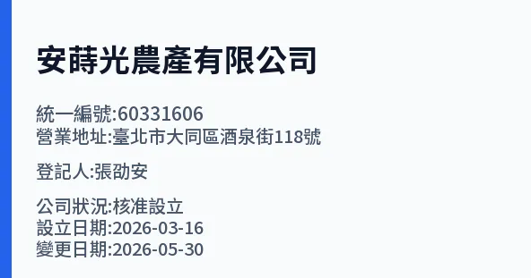 安蒔光農產有限公司的照片-統編 60331606(臺北市) 公司登記資料與營業項目詳細圖表