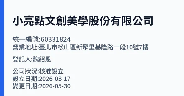 小亮點文創美學股份有限公司的照片-統編 60331824(臺北市) 公司登記資料與營業項目詳細圖表