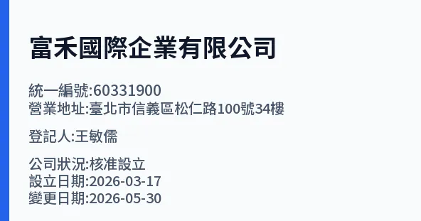 富禾國際企業有限公司的照片-統編 60331900(臺北市) 公司登記資料與營業項目詳細圖表