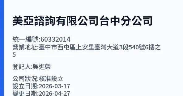 美亞諮詢有限公司台中分公司的照片-統編 60332014(臺中市) 公司登記資料與營業項目詳細圖表