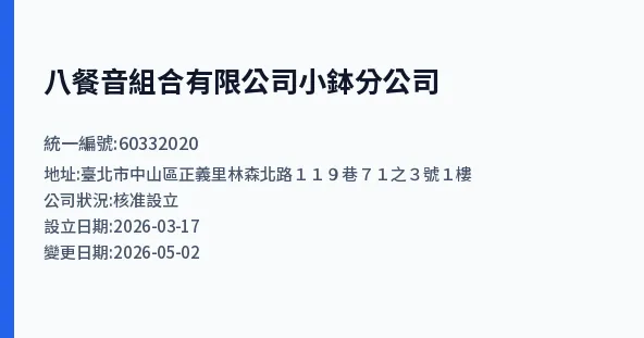 八餐音組合有限公司小鉢分公司的照片-統編 60332020(臺北市) 公司登記資料與營業項目詳細圖表