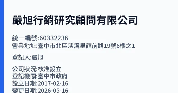 嚴旭行銷研究顧問有限公司的照片-統編 60332236(臺中市) 公司登記資料與營業項目詳細圖表