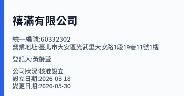 禧滿有限公司的照片-統編 60332302(臺北市) 公司登記資料與營業項目詳細圖表