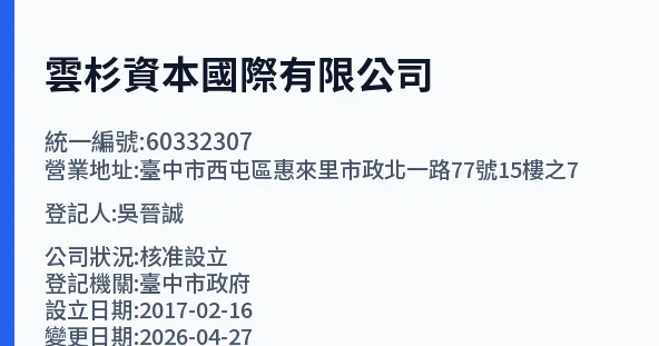 雲杉資本國際有限公司的照片-統編 60332307(臺中市) 公司登記資料與營業項目詳細圖表