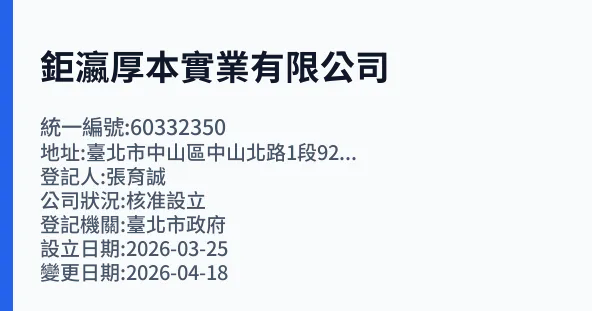 鉅瀛厚本實業有限公司的照片-統編 60332350(臺北市) 公司登記資料與營業項目詳細圖表