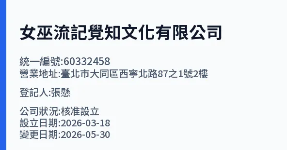 女巫流記覺知文化有限公司的照片-統編 60332458(臺北市) 公司登記資料與營業項目詳細圖表