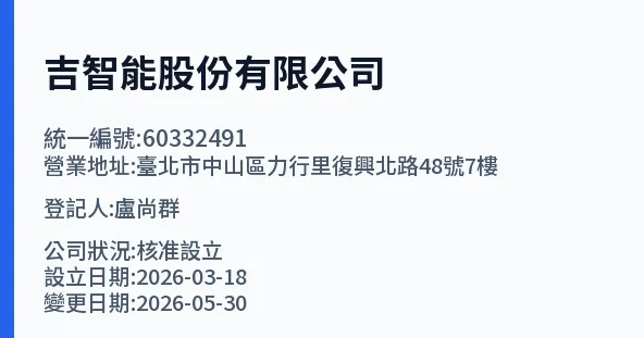 吉智能股份有限公司的照片-統編 60332491(臺北市) 公司登記資料與營業項目詳細圖表