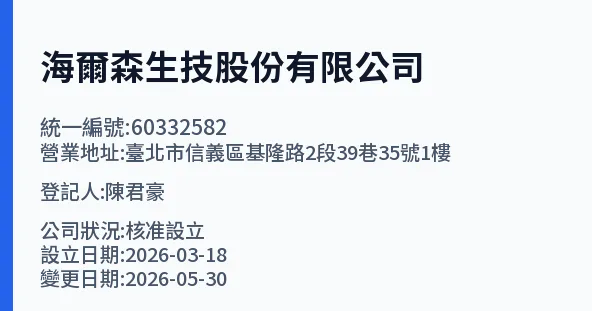 海爾森生技股份有限公司的照片-統編 60332582(臺北市) 公司登記資料與營業項目詳細圖表